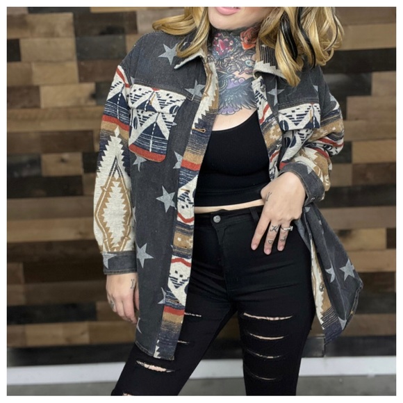 Jackets & Coats | Aztec Faded Stars Black Denim Oversized Jacket Sz M ...